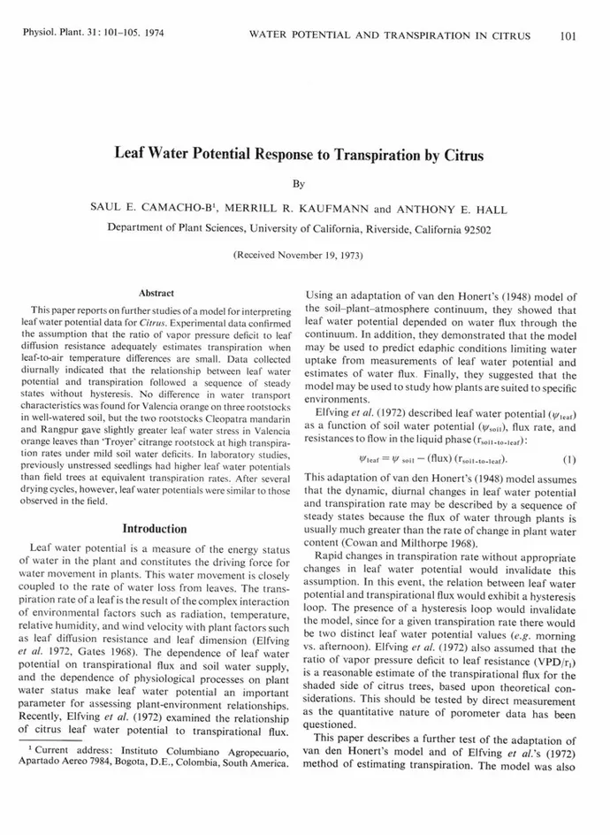 Leaf water potential response to transpiration by citrus