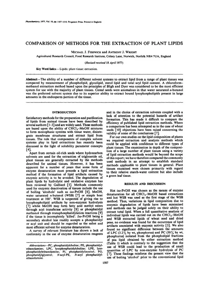 Comparison of methods for the extraction of plant lipids