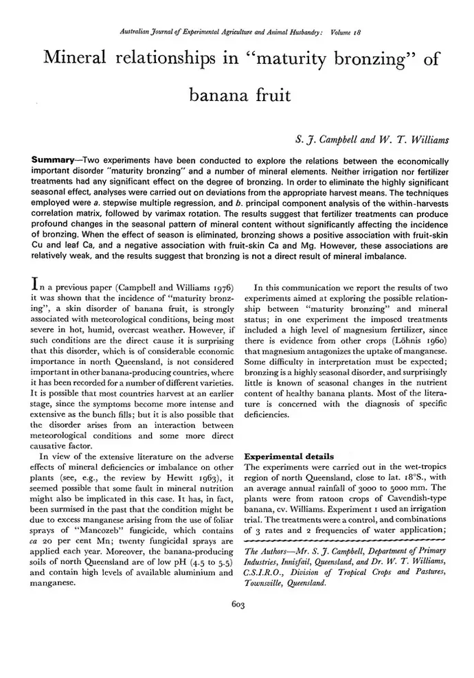 Mineral relationships in maturity bronzing of banana fruit