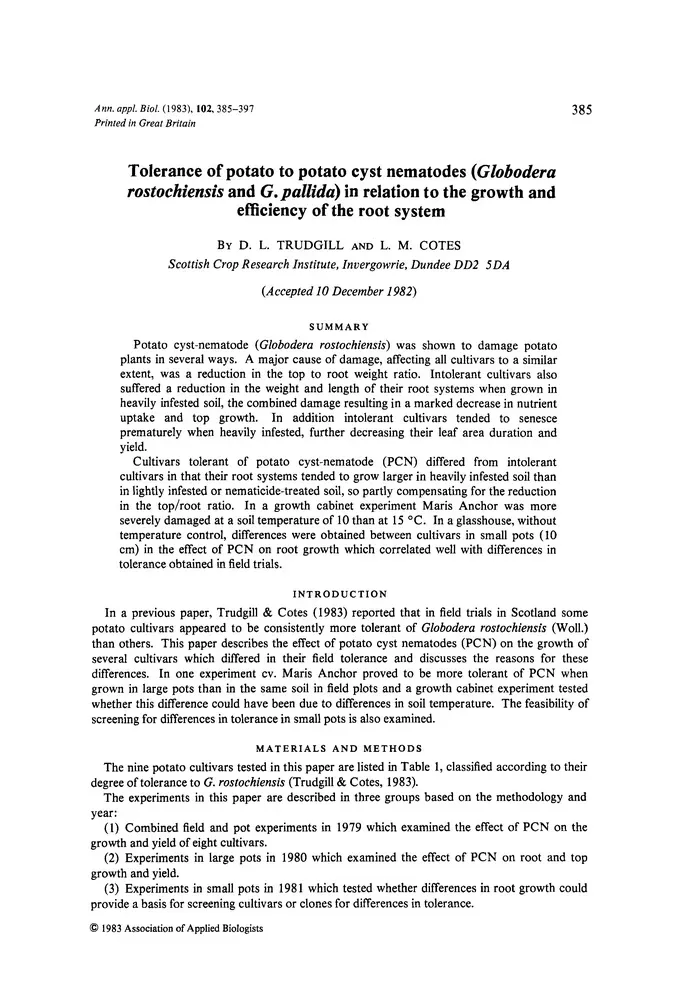 Tolerance of potato to potato cyst nematodes (Globodera rostochiensis ...