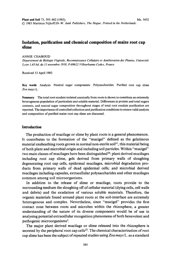 Isolation, purification and chemical composition of maize root cap slime