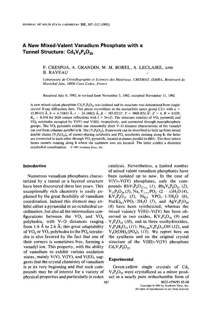 A new mixed-valent vanadium phosphate with a tunnel structure: Cd5V3P6O25