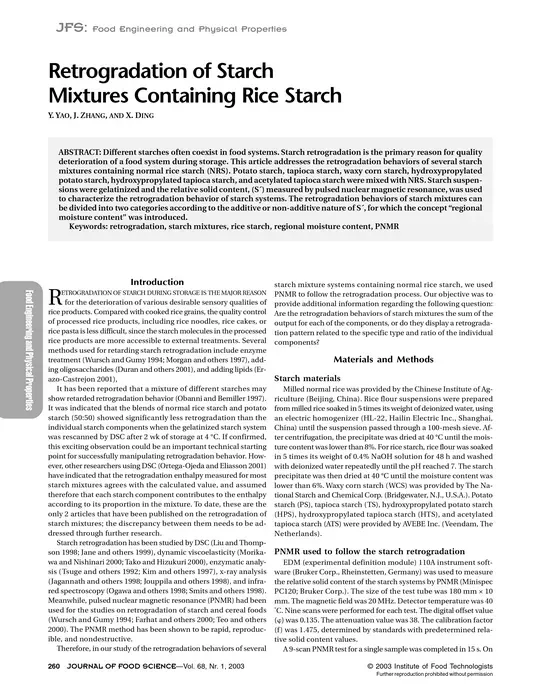 Retrogradation of starch mixtures containing rice starch
