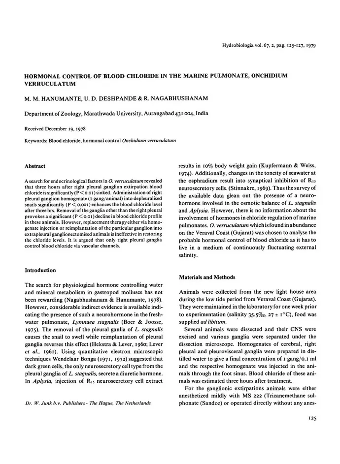 Hormonal control of blood chloride in the marine pulmonate onchidium ...