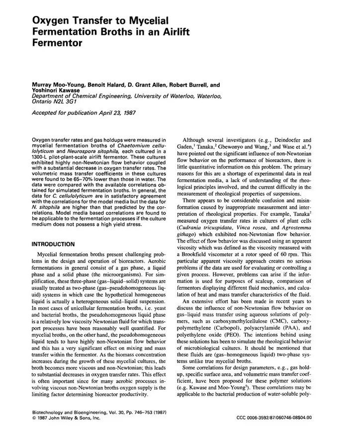 Oxygen transfer to mycelial fermentation broths in an airlift fermentor
