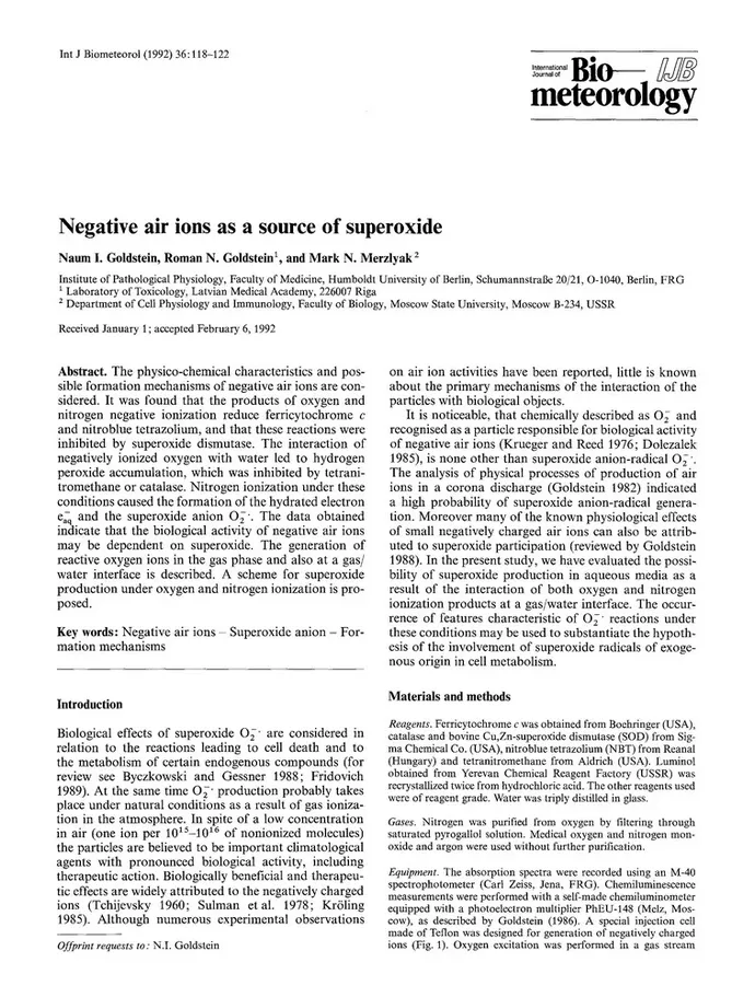 Negative air ions as a source of superoxide