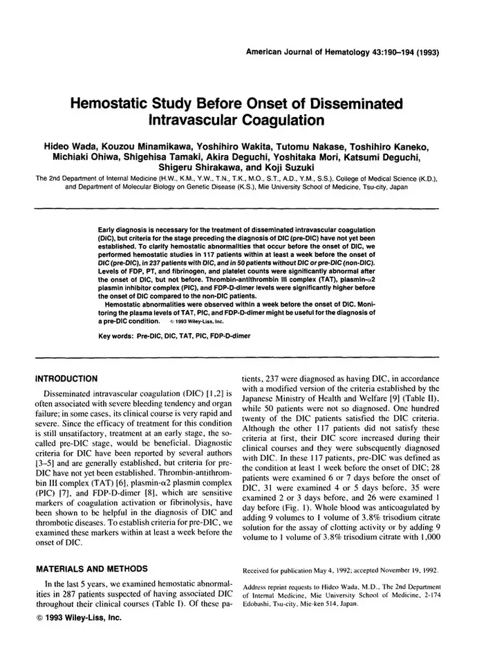 Hemostatic study before onset of disseminated intravascular coagulation