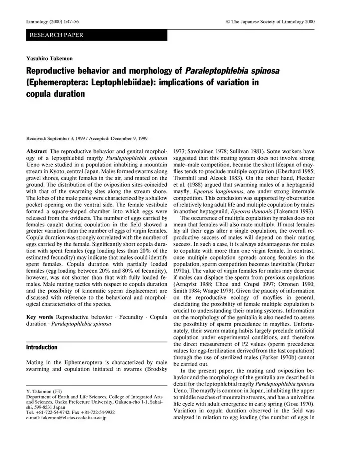 Reproductive behavior and morphology of Paraleptophlebia spinosa ...