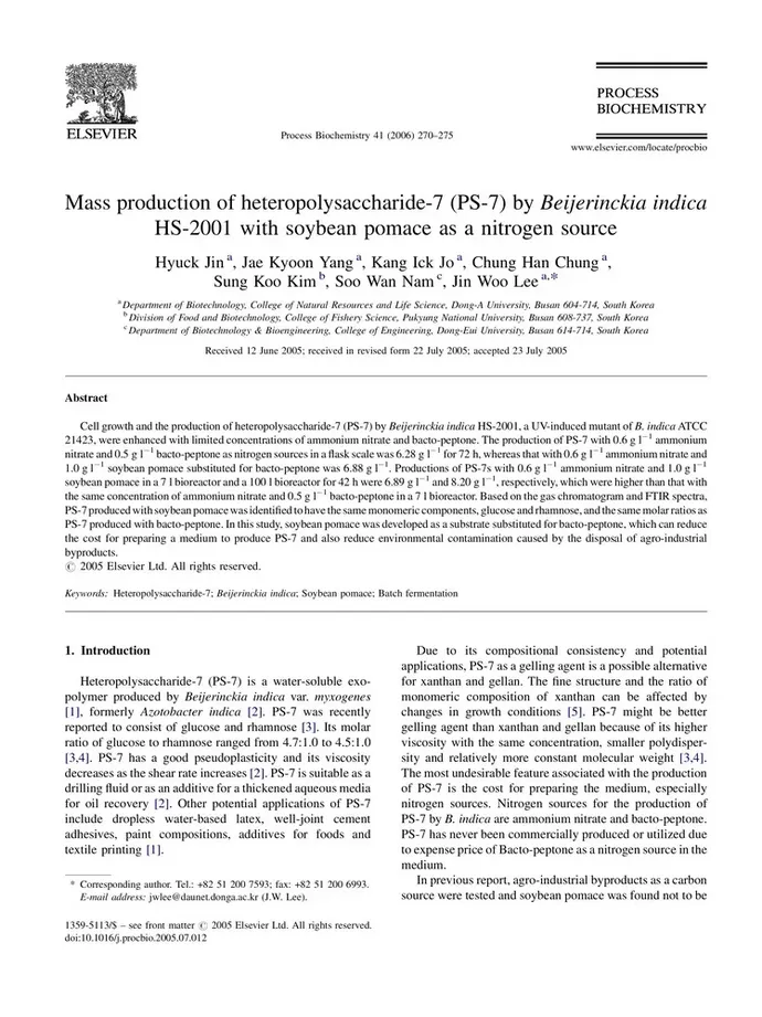 Mass production of heteropolysaccharide-7 (PS-7) by Beijerinckia indica ...