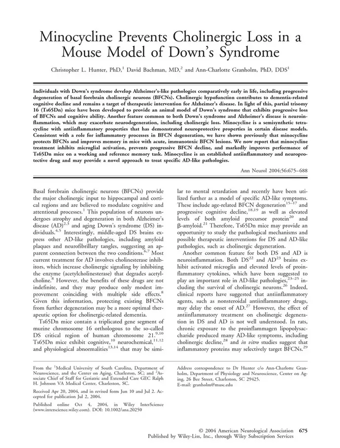 Minocycline prevents cholinergic loss in a mouse model of Down's syndrome
