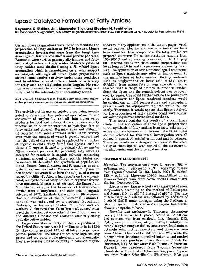 Lipase catalyzed formation of fatty amides