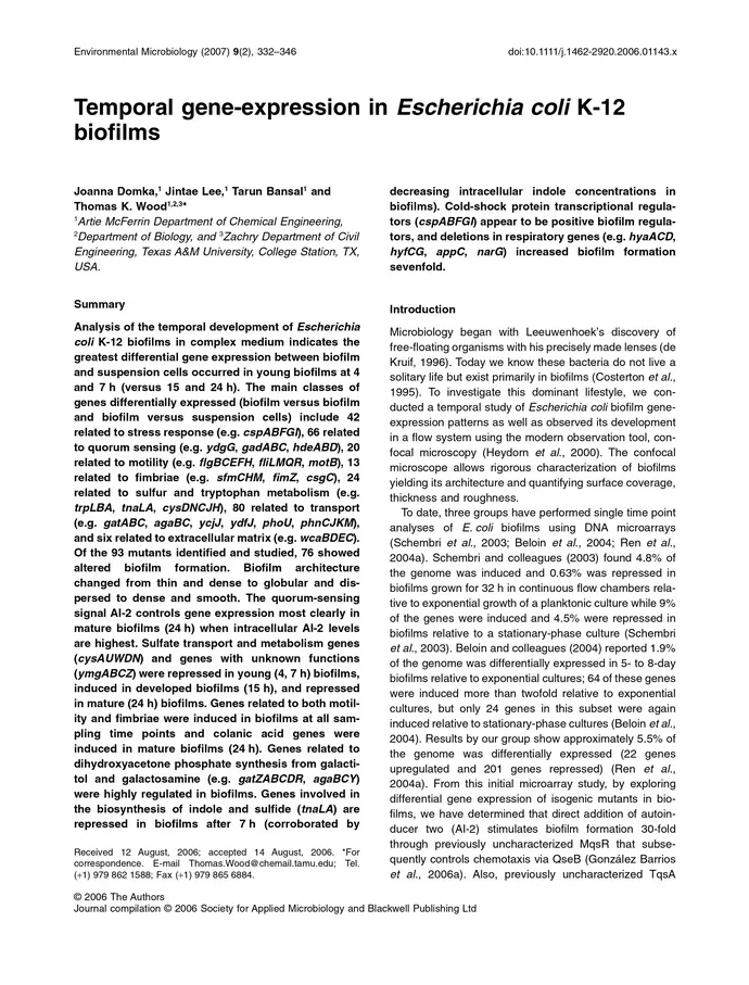 Temporal gene-expression in Escherichia coli K-12 biofilms