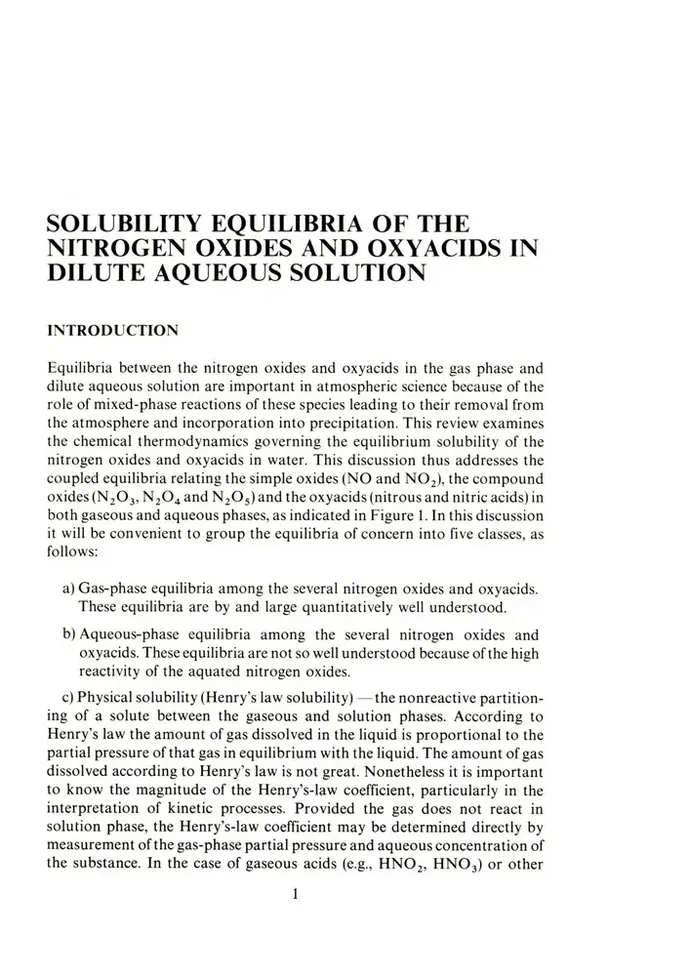Solubility equilibria of the nitrogen oxides and oxyacids in dilute ...