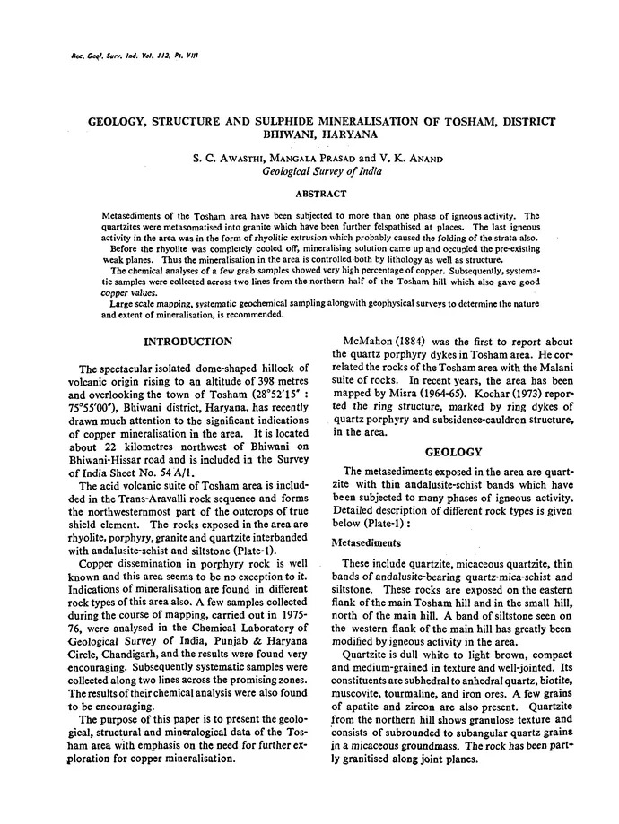 Geology, structure and sulphide mineralisation of Tosham, District ...