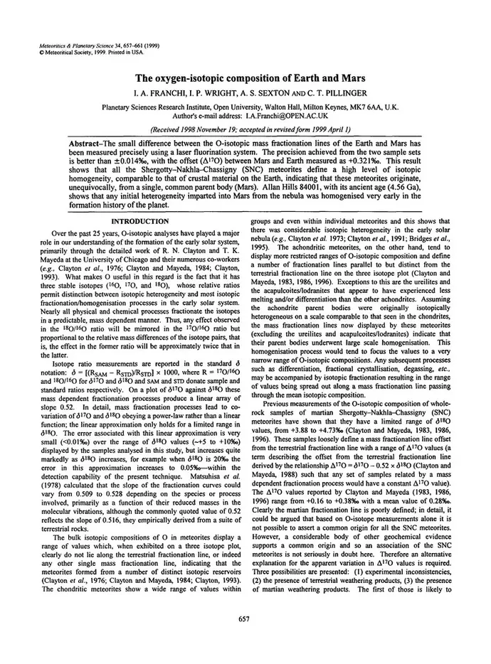 The oxygen-isotopic composition of Earth and Mars