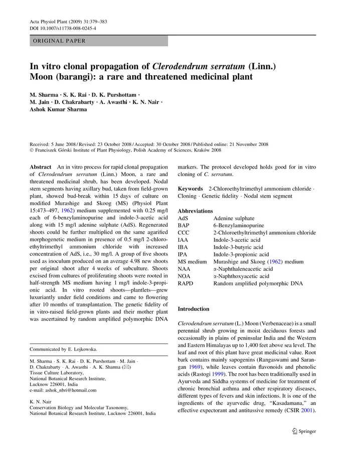 In vitro clonal propagation of Clerodendrum serratum Linn Moon barangi ...