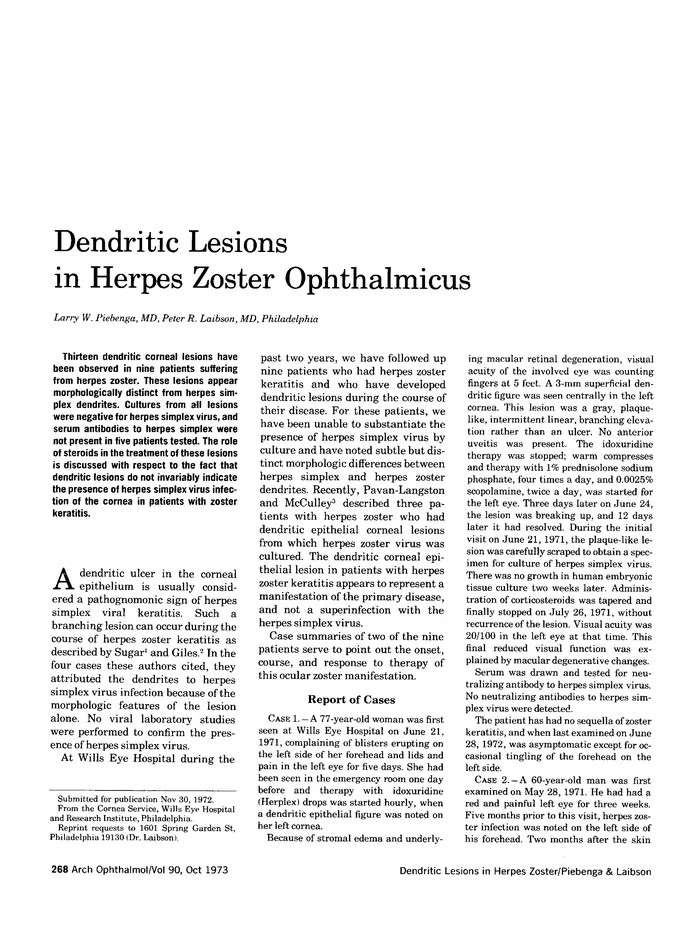 Dendritic lesions in herpes zoster ophthalmicus