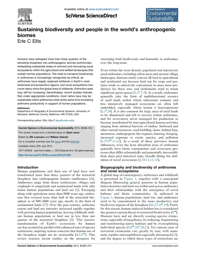 Sustaining biodiversity and people in the worlds anthropogenic biomes