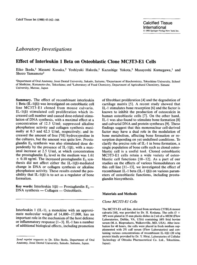 Effect of interleukin 1 beta on osteoblastic clone MC3T3-E1 cells