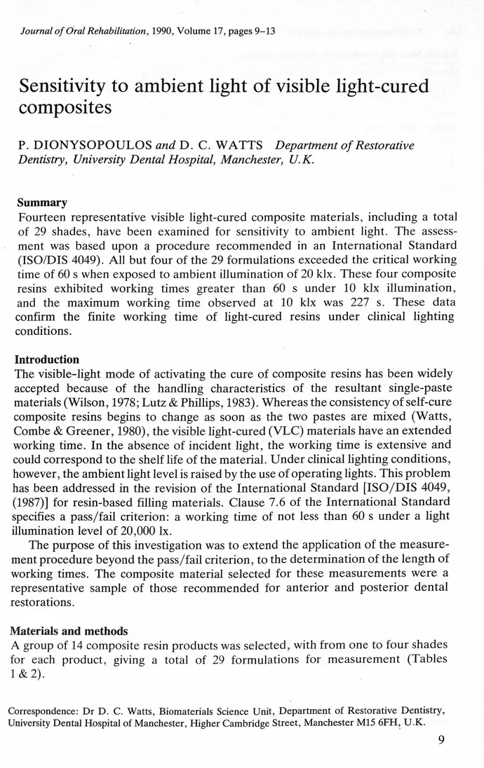 Sensitivity to ambient light of visible light-cured composites
