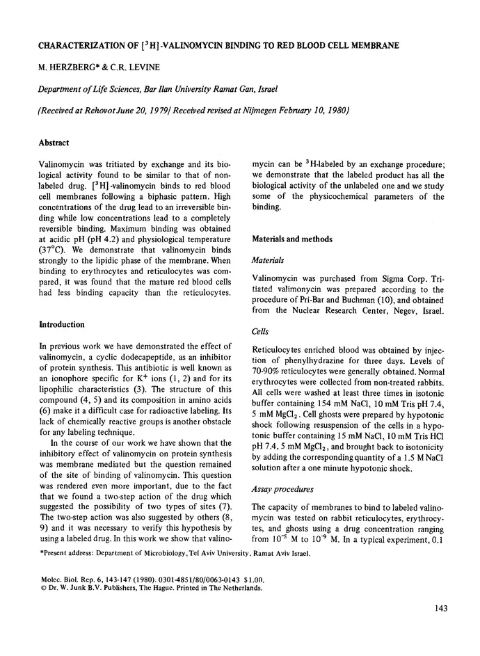 Characterization of [3H]-valinomycin binding to red blood cell membrane