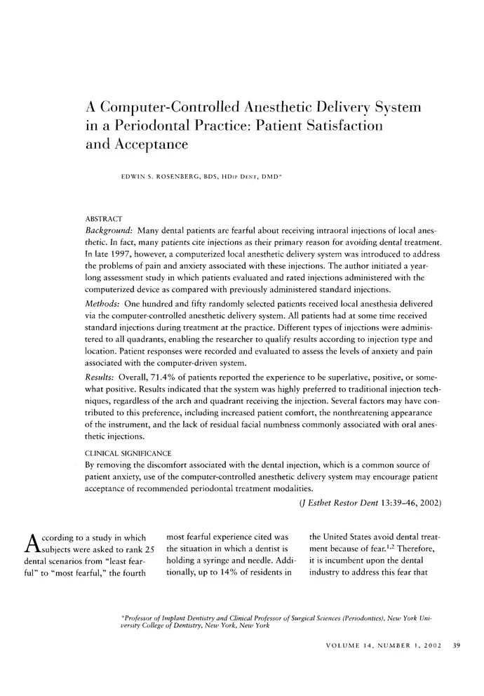 A computer-controlled anesthetic delivery system in a periodontal ...