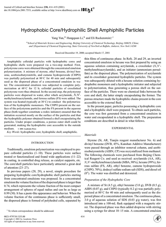 Hydrophobic Core/Hydrophilic Shell Amphiphilic Particles