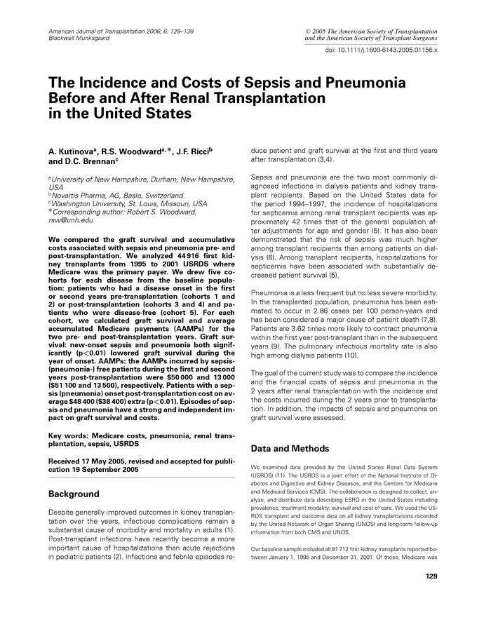 The incidence and costs of sepsis and pneumonia before and after renal ...