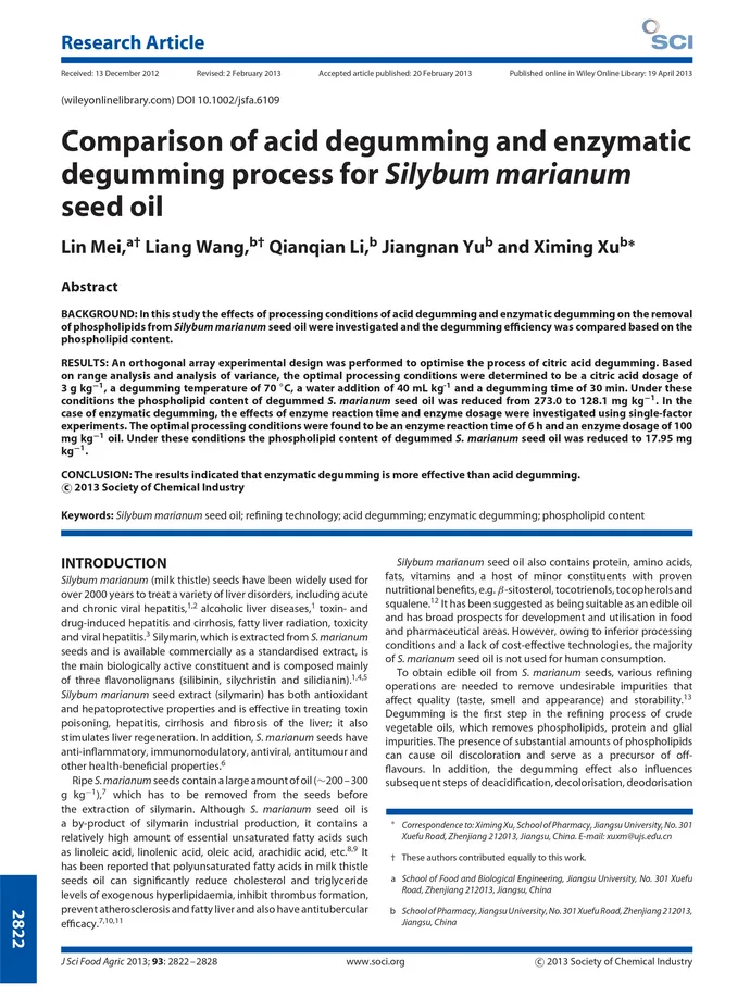 Comparison of acid degumming and enzymatic degumming process for ...