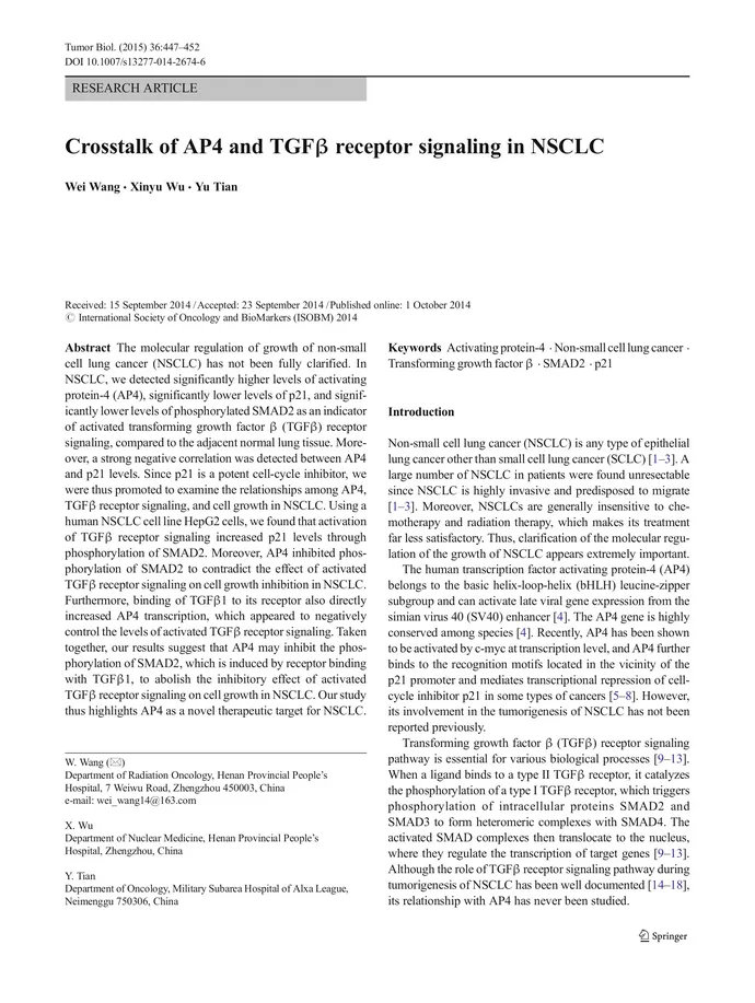 Crosstalk of AP4 and TGFβ receptor signaling in NSCLC