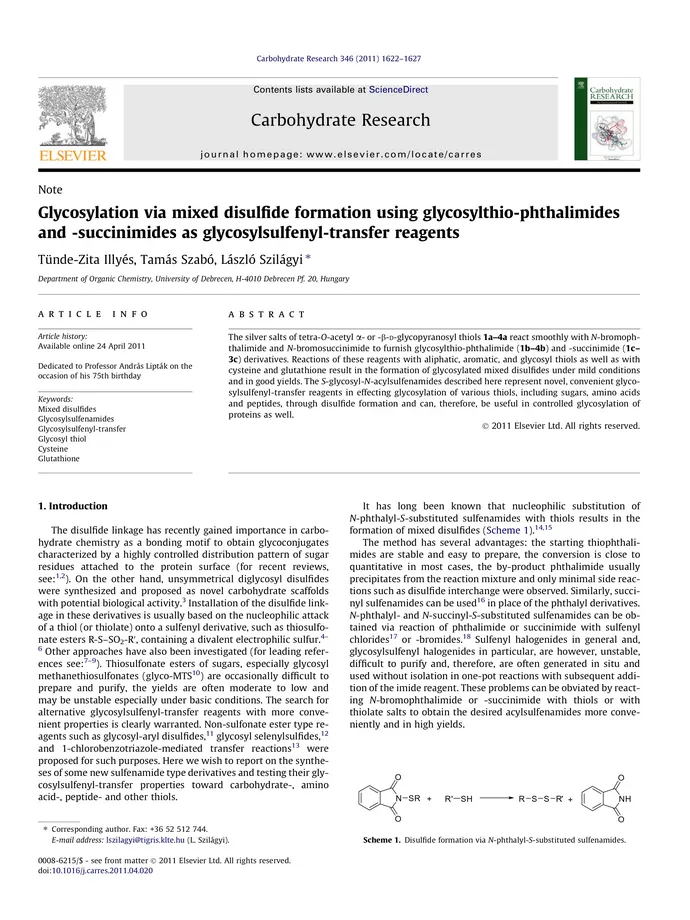 Glycosylation via mixed disulfide formation using glycosylthio ...