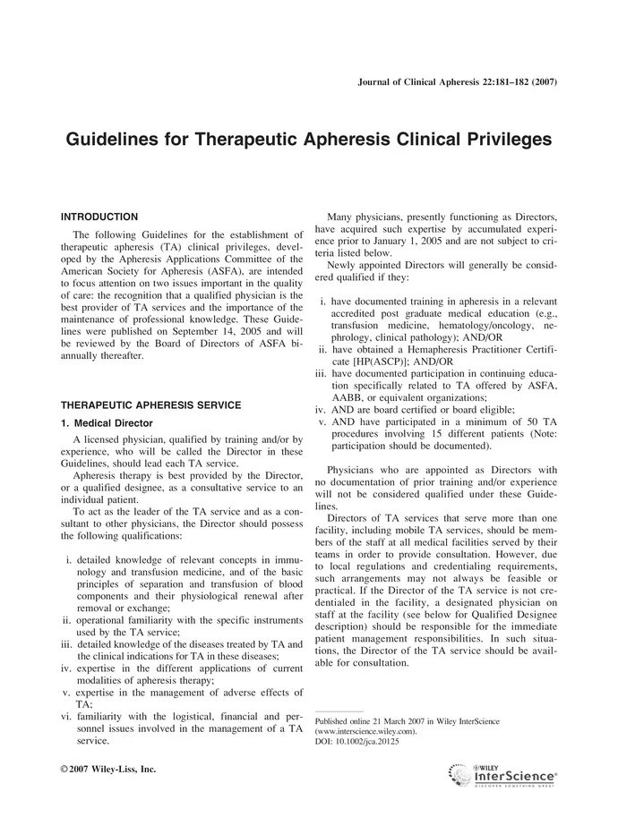 Guidelines for therapeutic apheresis clinical privileges