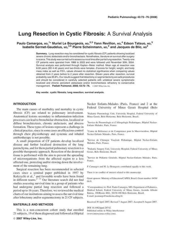 Lung resection in cystic fibrosis: a survival analysis