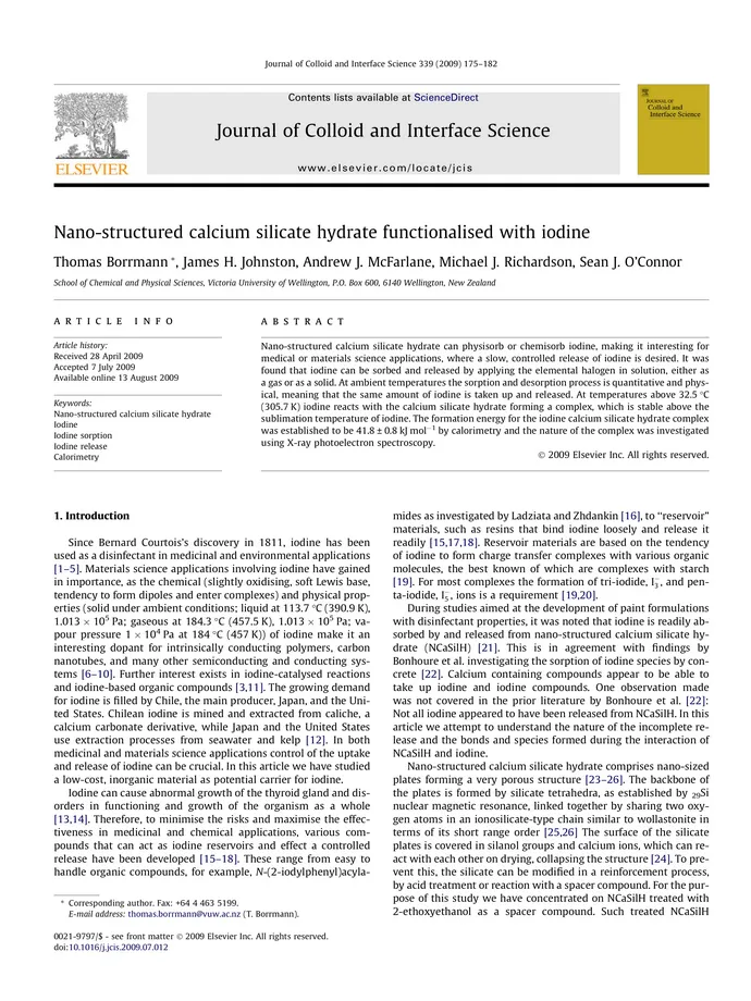 Nano-structured calcium silicate hydrate functionalised with iodine