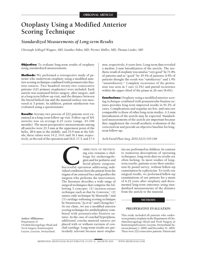 Otoplasty using a modified anterior scoring technique: standardized ...