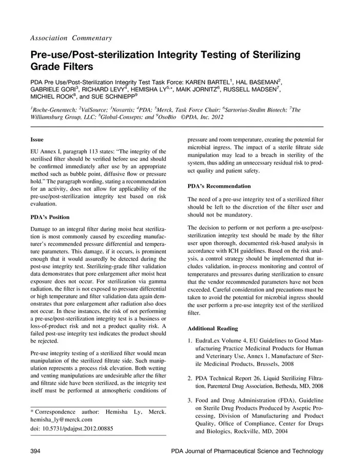 Pre-use/Post-sterilization Integrity Testing of Sterilizing Grade Filters