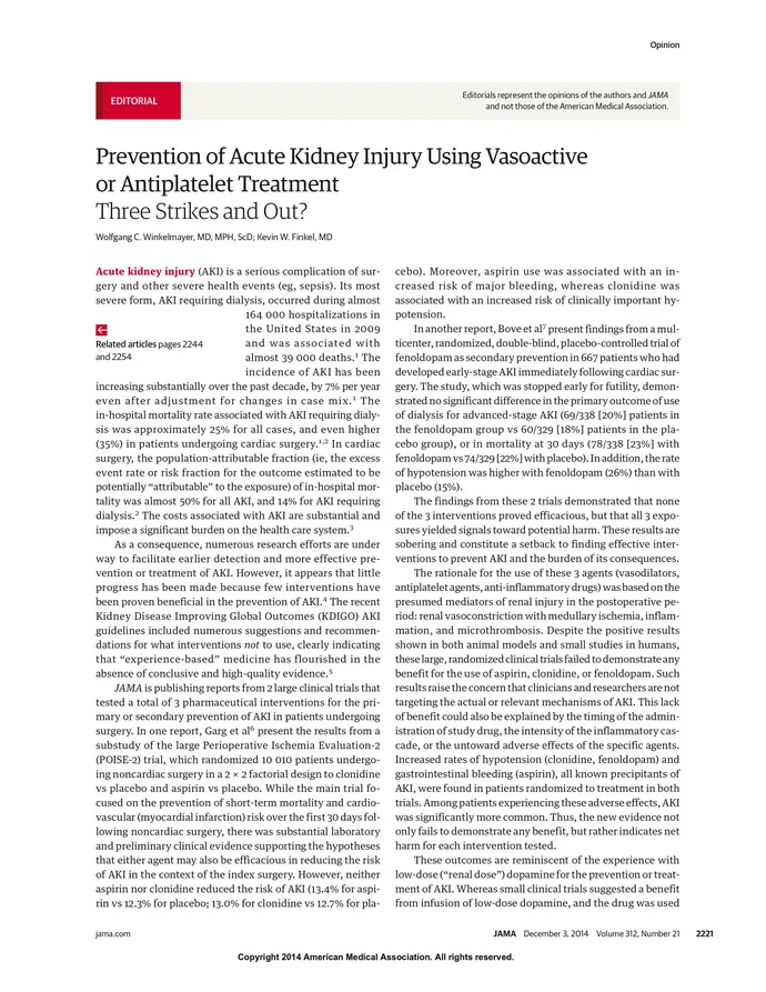 Prevention of acute kidney injury using vasoactive or antiplatelet ...