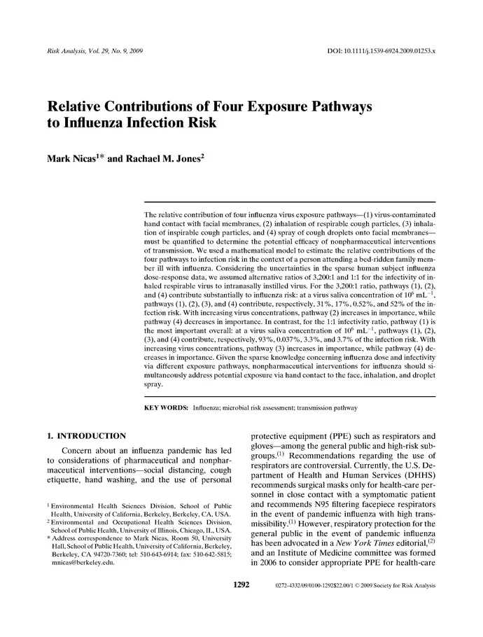 Relative contributions of four exposure pathways to influenza infection ...