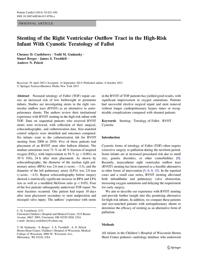 Stenting of the right ventricular outflow tract in the high-risk infant ...