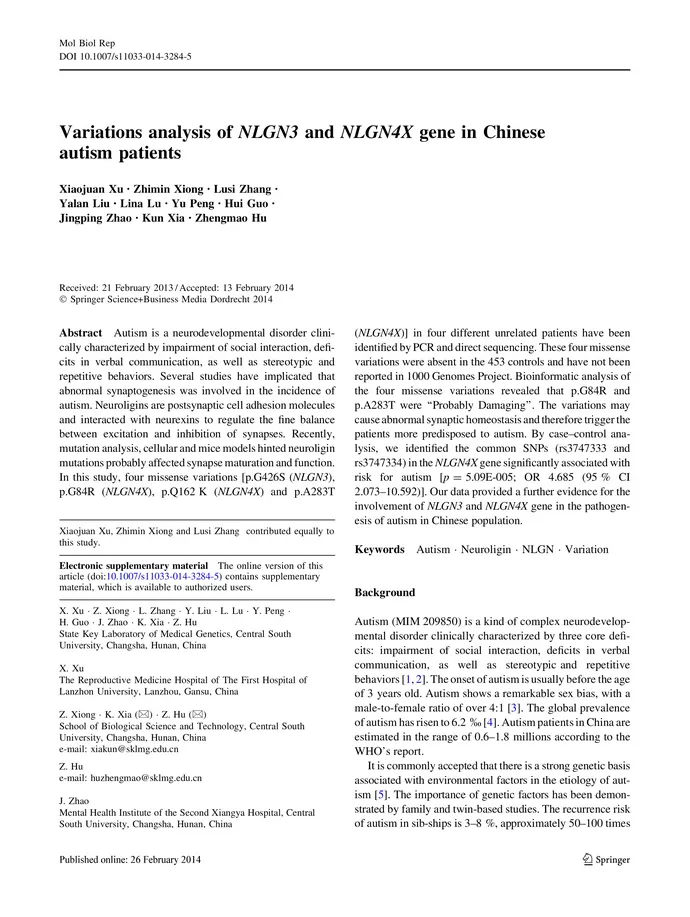 Variations analysis of NLGN3 and NLGN4X gene in Chinese autism patients