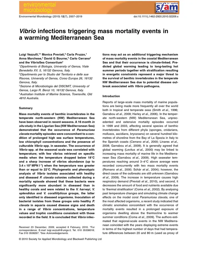 Vibrio infections triggering mass mortality events in a warming ...