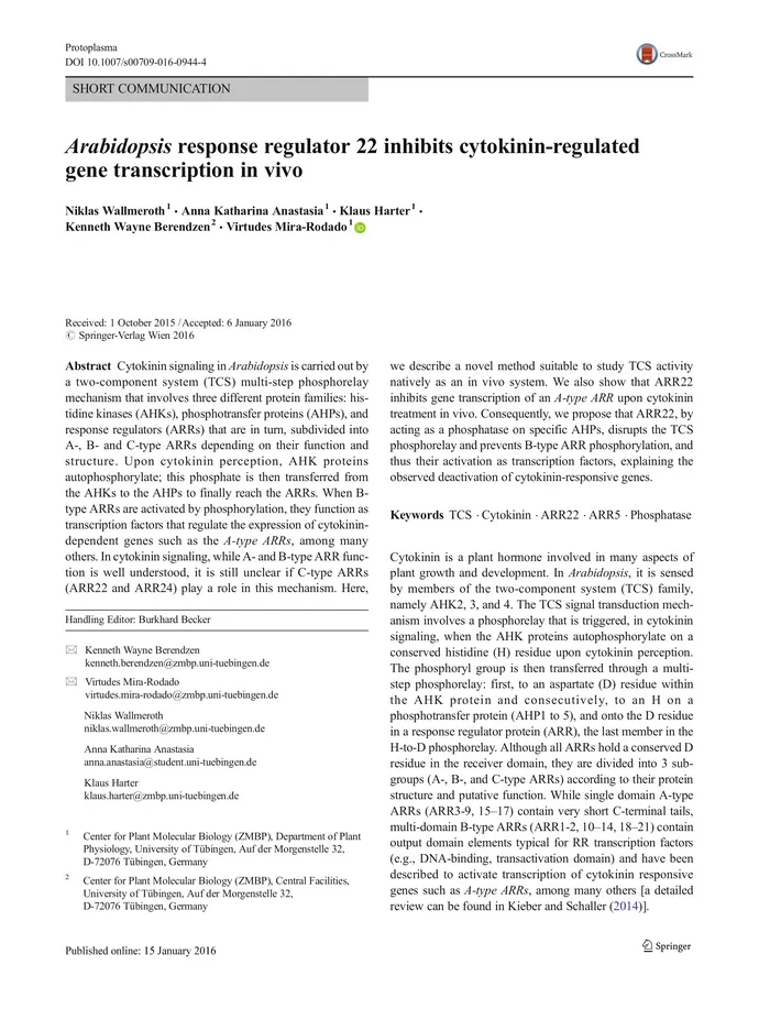 Arabidopsis response regulator 22 inhibits cytokinin-regulated gene ...