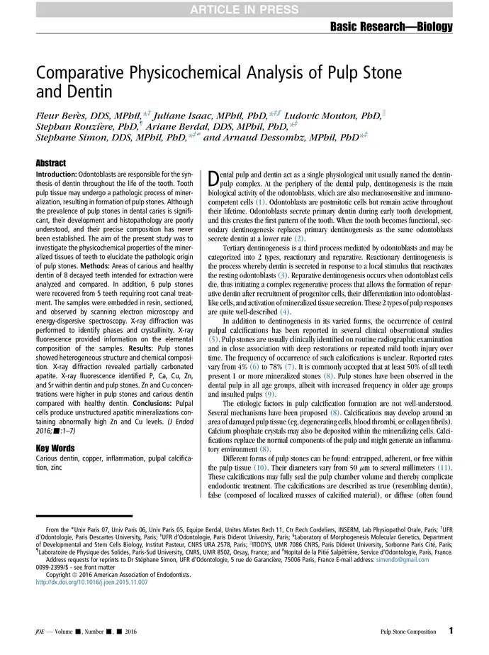 Comparative Physicochemical Analysis of Pulp Stone and Dentin