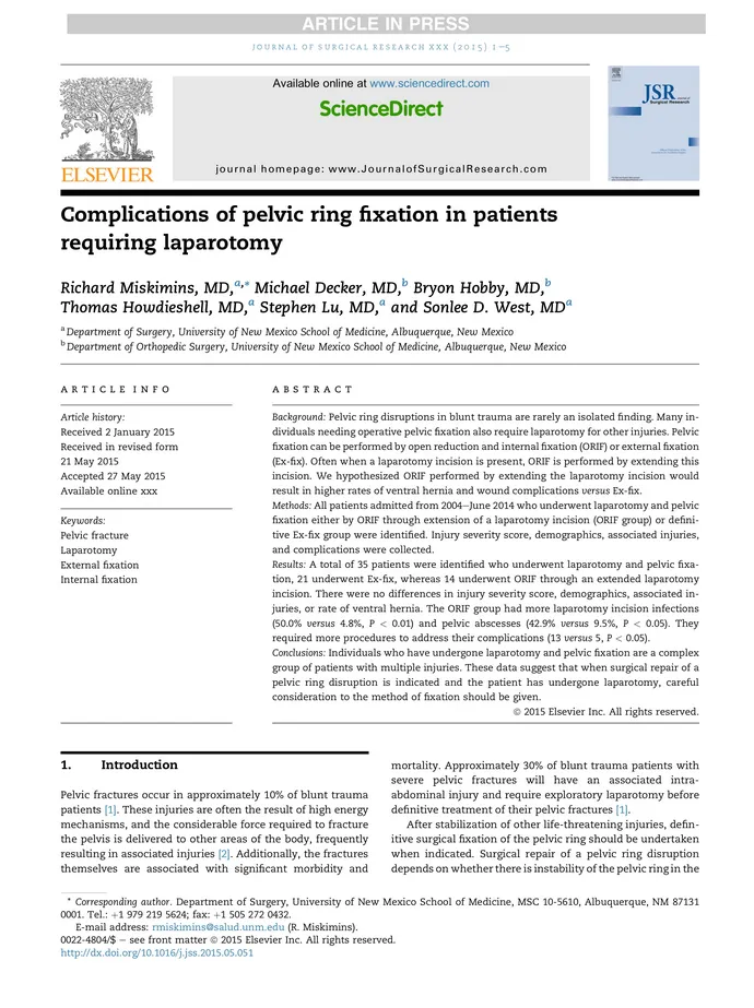 Complications of pelvic ring fixation in patients requiring laparotomy