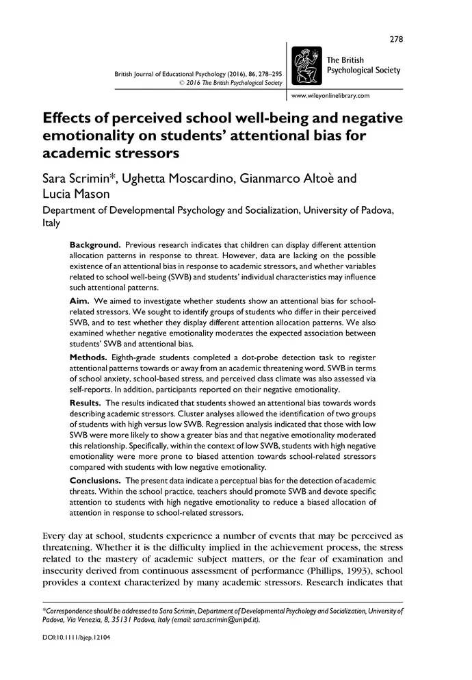 Effects of perceived school well-being and negative emotionality on ...