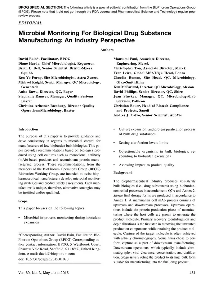 Microbial Monitoring for Biological Drug Substance Manufacturing: An ...