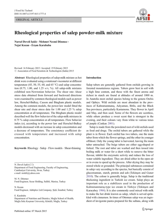 Rheological properties of salep powder-milk mixture