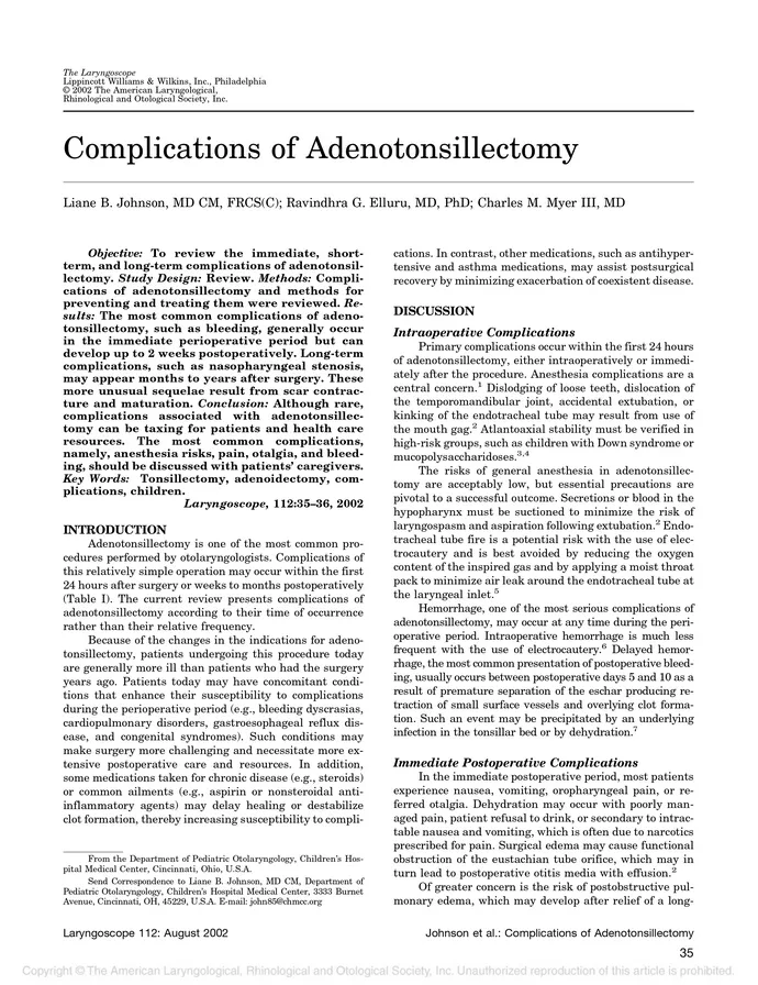 Complications of adenotonsillectomy
