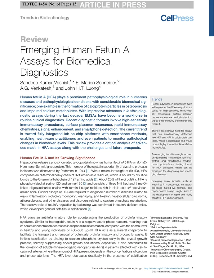 Emerging Human Fetuin a Assays for Biomedical Diagnostics