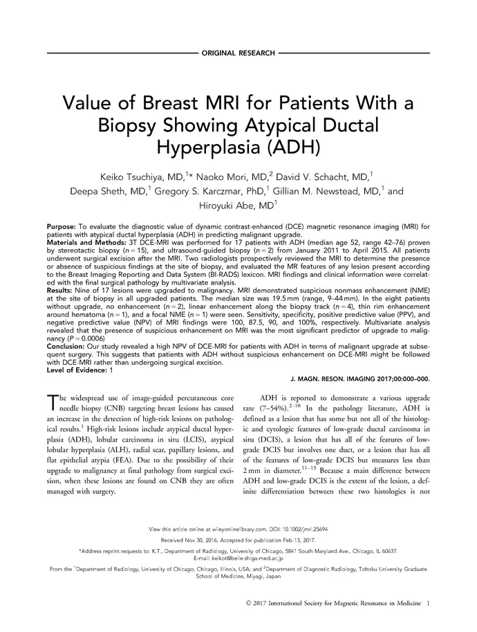 Value of breast MRi for patients with a biopsy showing atypical ductal ...